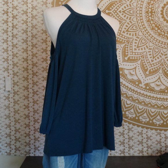 LOFT | Tops | Blue Coldshoulder Blouse With Gathered Sleeves | Poshmark